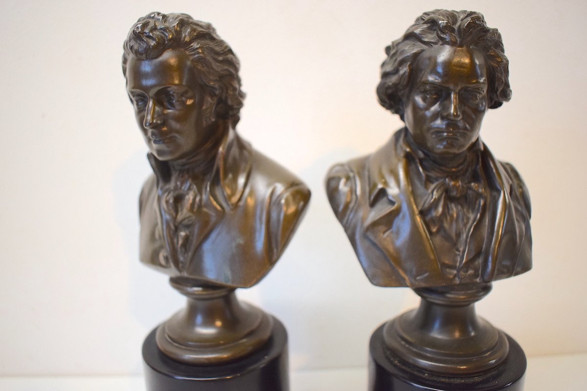 Proantic: Pair Of Painted Metal Busts Mozart And Beethoven Classical M