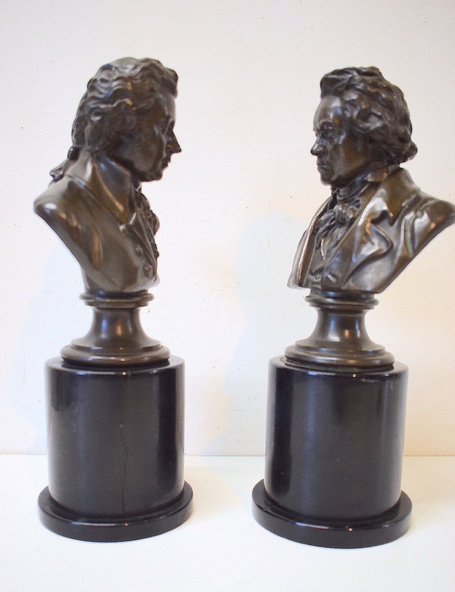 Proantic: Pair Of Painted Metal Busts Mozart And Beethoven Classical M