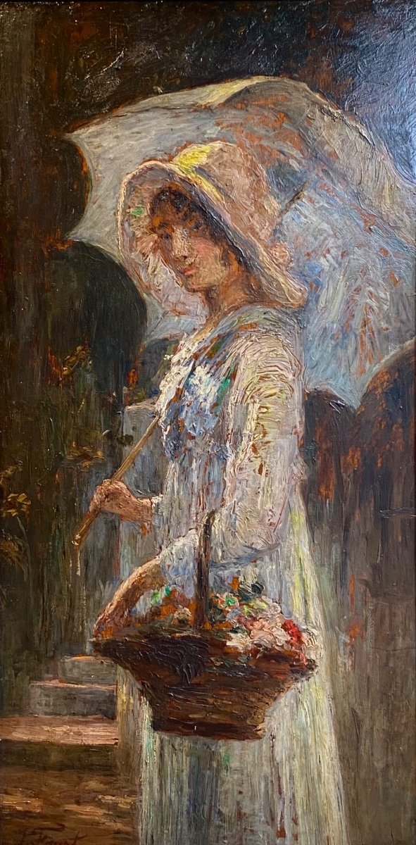 Proantic: Joseph Faust (1868-1934) Woman With A Parasol 19th Century P