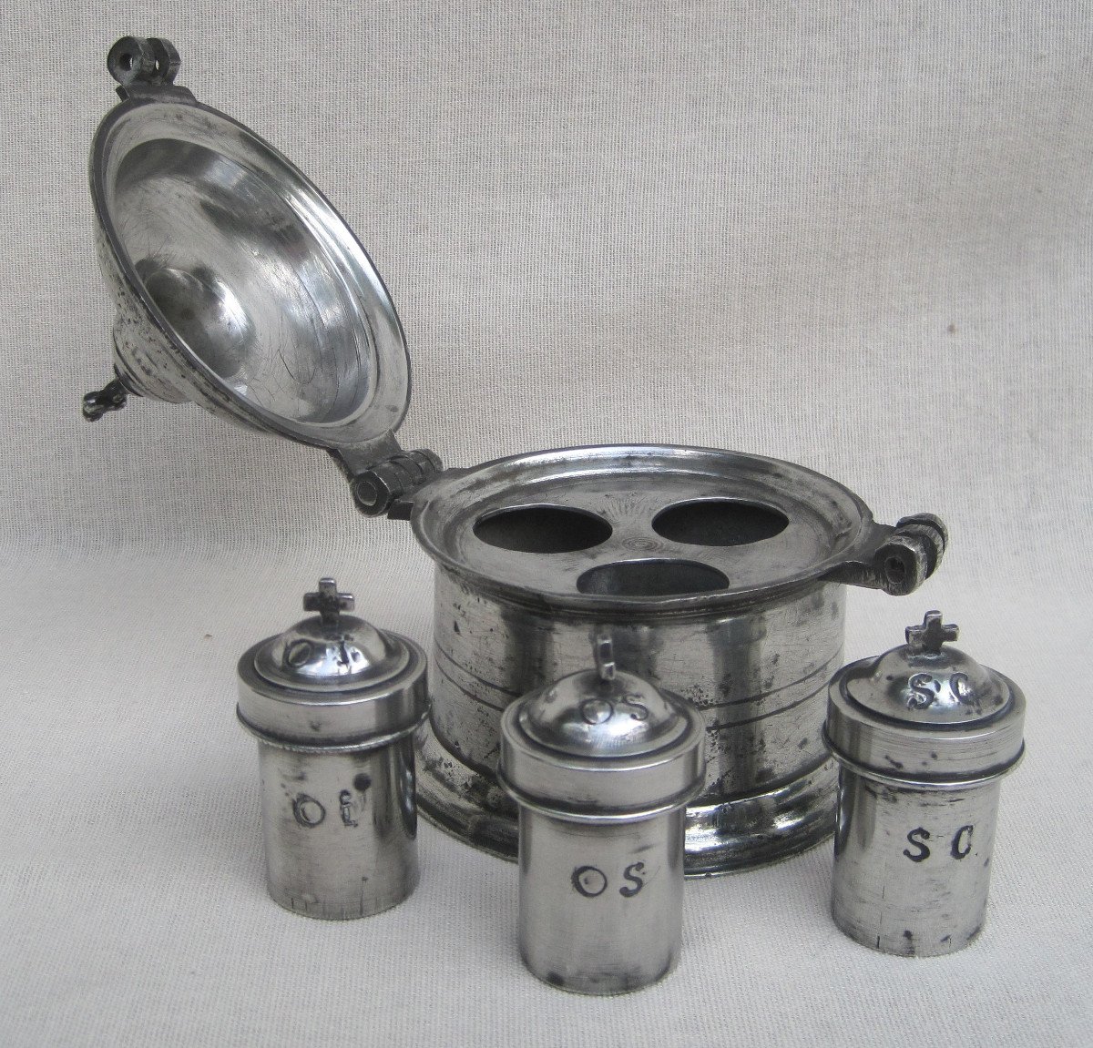Proantic: Box Of Holy Oils, In Pewter, For Baptism And Extreme Anointi