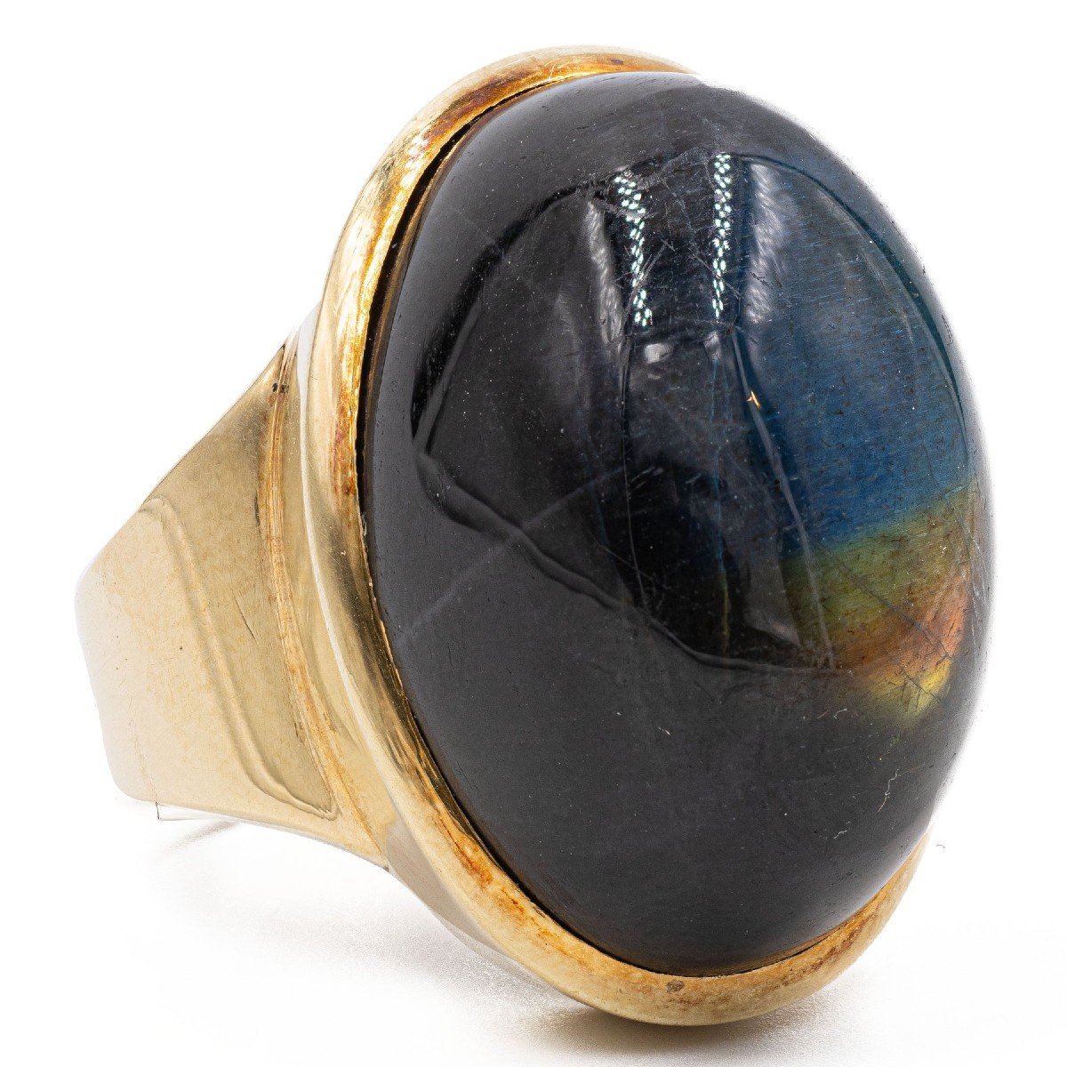 Proantic: Vintage 14k Yellow Gold Labradorite Cabochon Ring, 70s