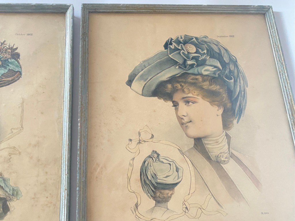 Pair Of Engravings Representing Models In Hats, France 1902