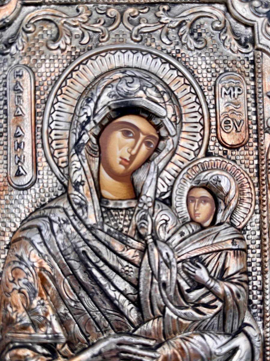 Proantic: Greek Orthodox Silver Icon - Mary And Baby Jesus