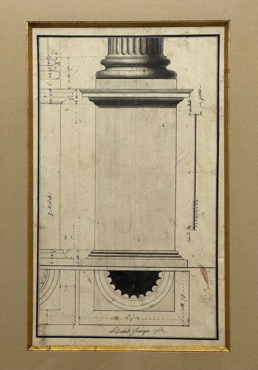 Proantic: Ink Architectural Drawing -ionic Pedestal-french School From