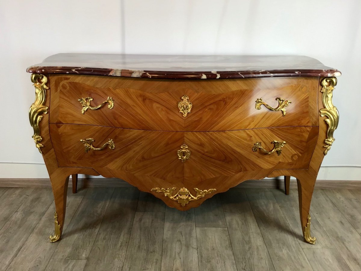 Proantic: Large Commode Louis XV Bois De Rose Palissandre Blond Marbr