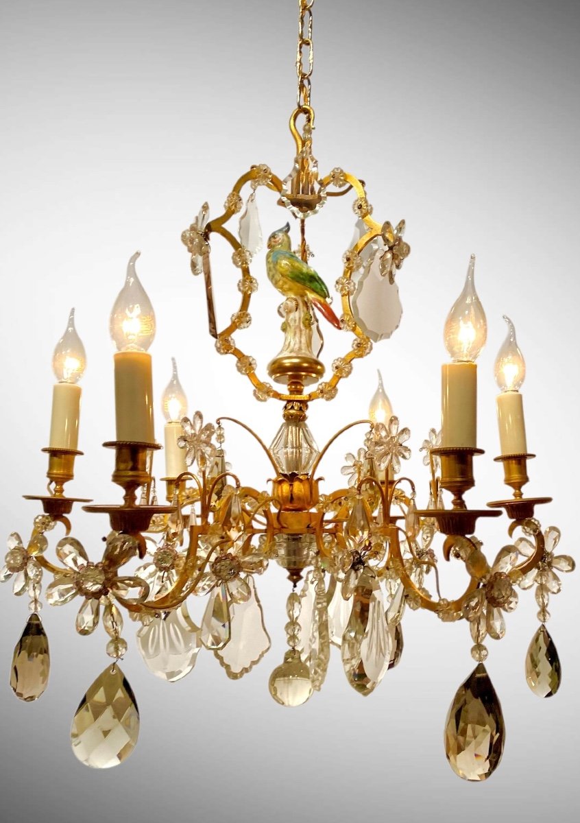 Proantic: 19th Century Gilt Bronze Chandelier Bird Saxon Porcelain Smo