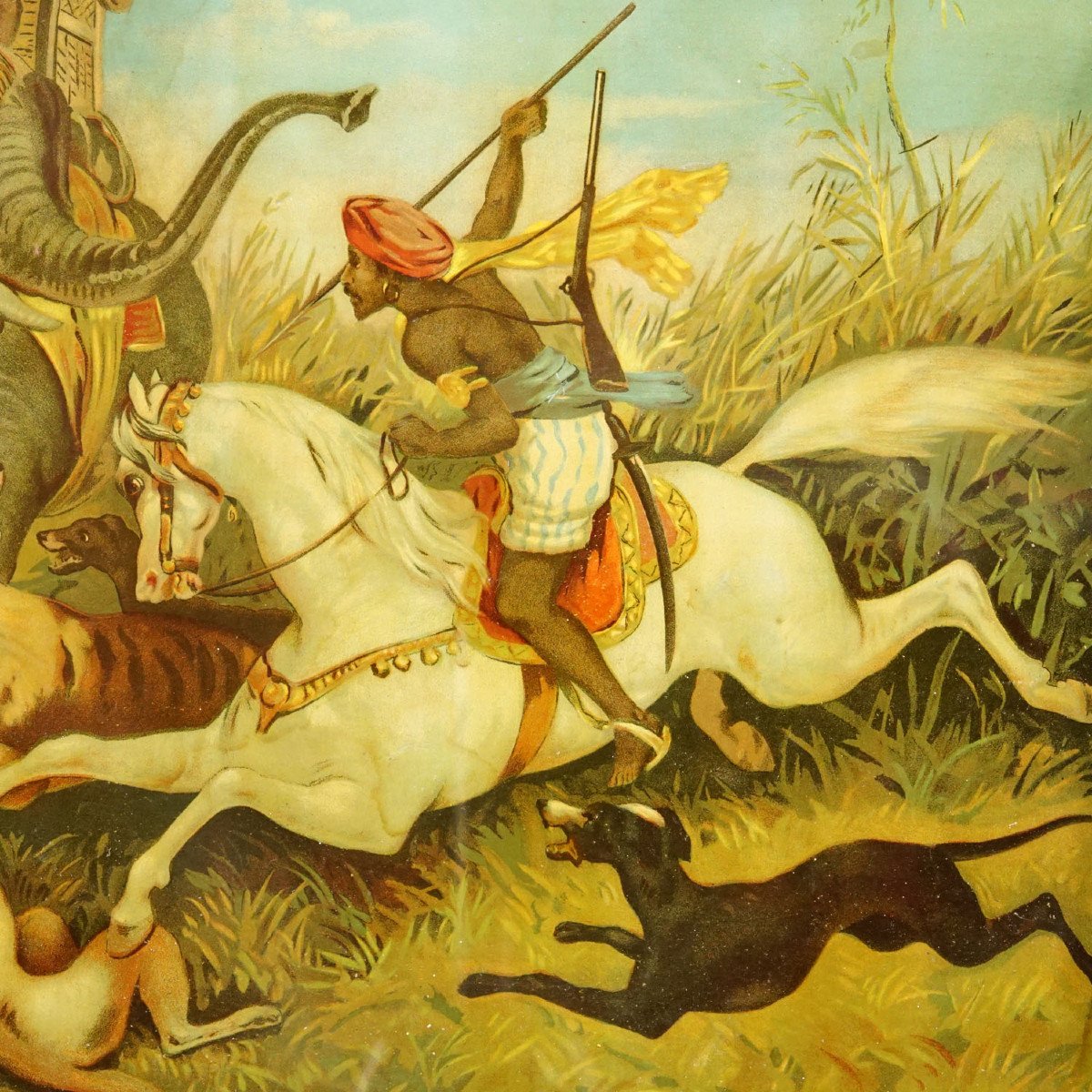 Proantic: Antique Oil Print With Dramatic Tiger Hunting Scene In India