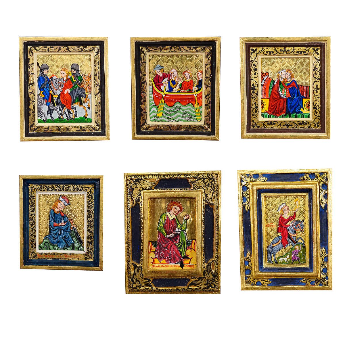 Proantic: Set Of Six Ancient Paintings Scenes Of Minstrels Taken From