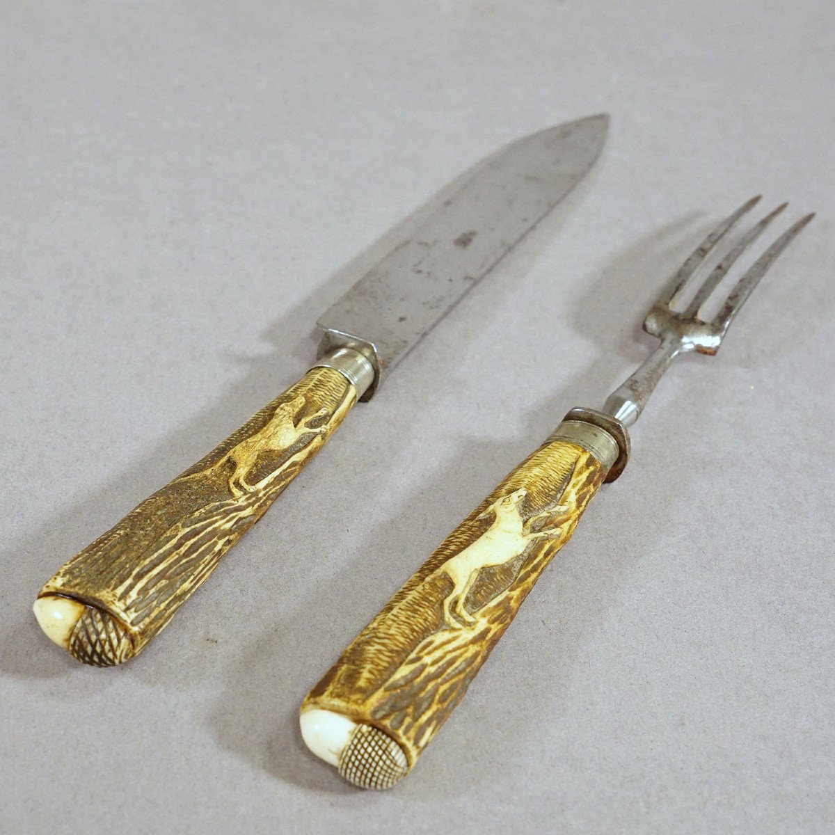 Proantic: Antique Rustic Hunting Cutlery Set With Carved Stag Horn Han