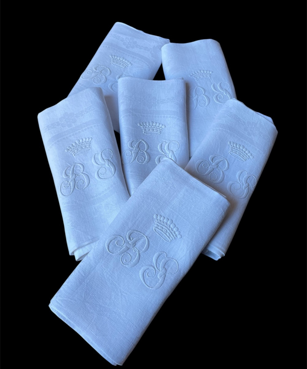 Proantic: Set Of 10 Linen Damask Napkins With Count's Crown On A Monog