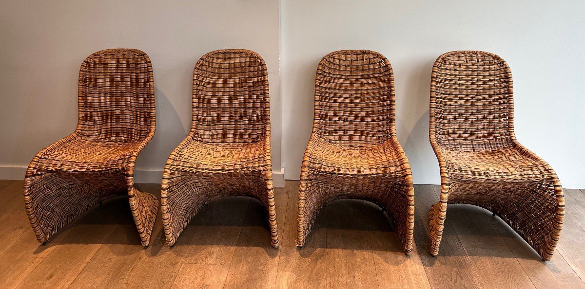 Proantic: Suite Of Four Curved Rattan Chairs. French Work. Around 1970