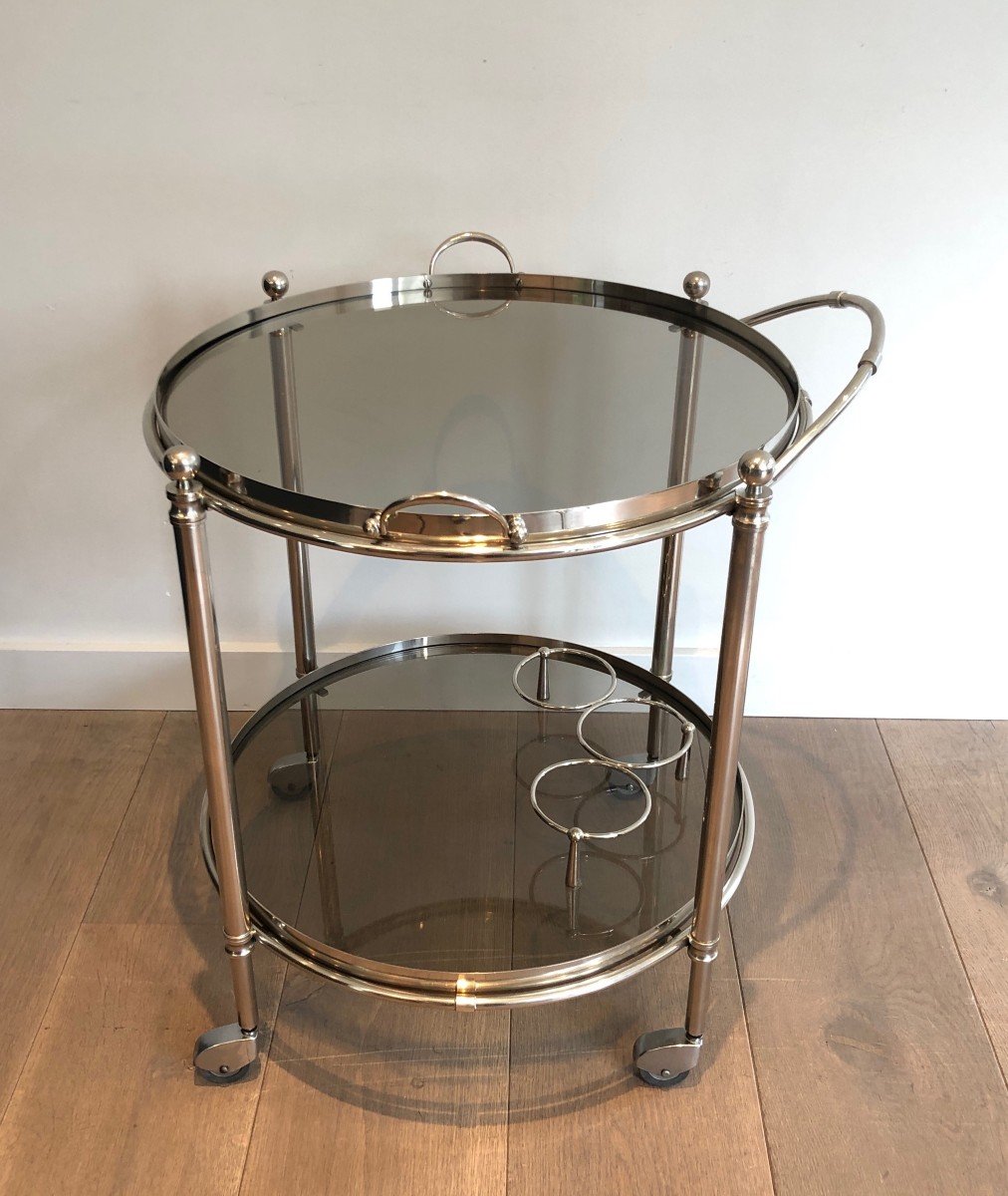 Proantic: Round Silver Plated Metal Drinks Trolley With Smoked Glass T