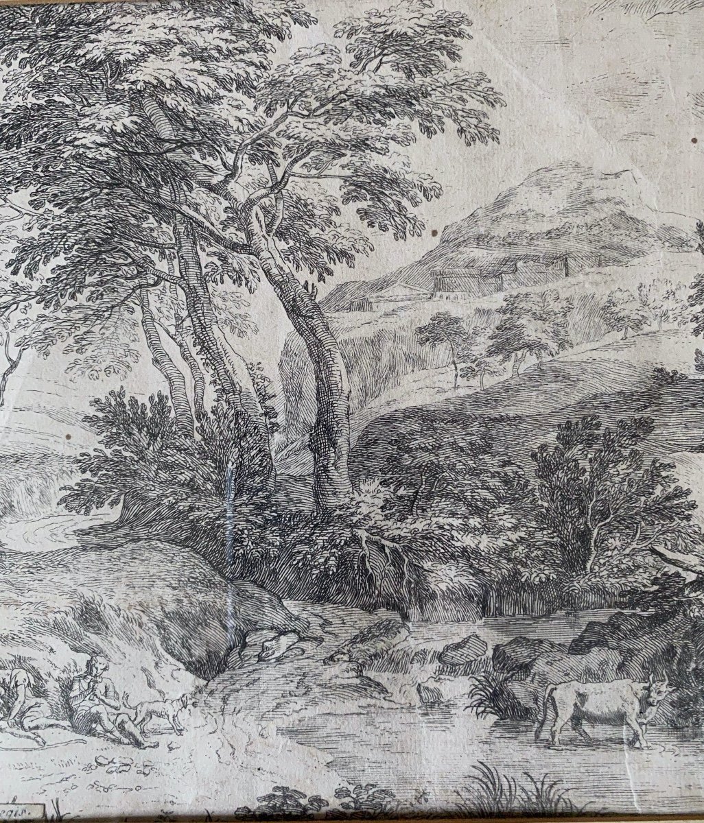 Proantic: 17th Century Print Shepherdess Near The Shepherd Playing Une