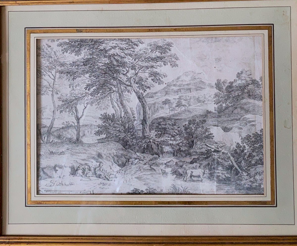 Proantic: 17th Century Print Shepherdess Near The Shepherd Playing Une