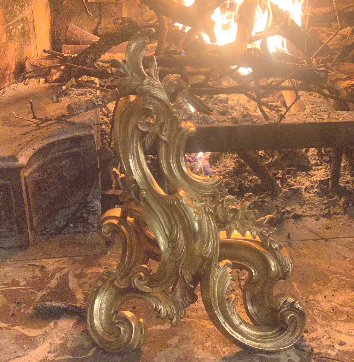 Proantic: Pair Of Andirons In Gilt Bronze Rocaille Style XIX With Supp