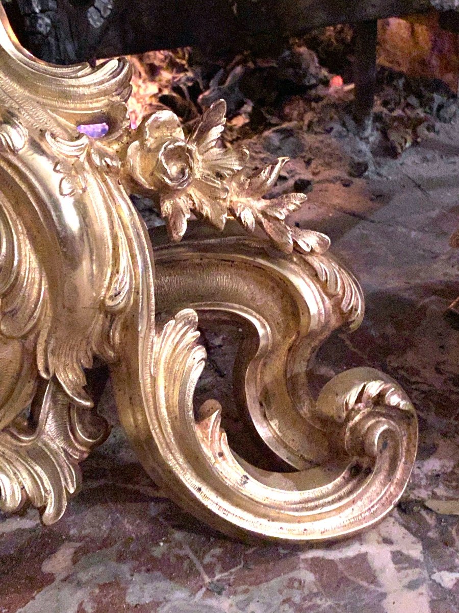Proantic: Pair Of Andirons In Gilt Bronze Rocaille Style XIX With Supp