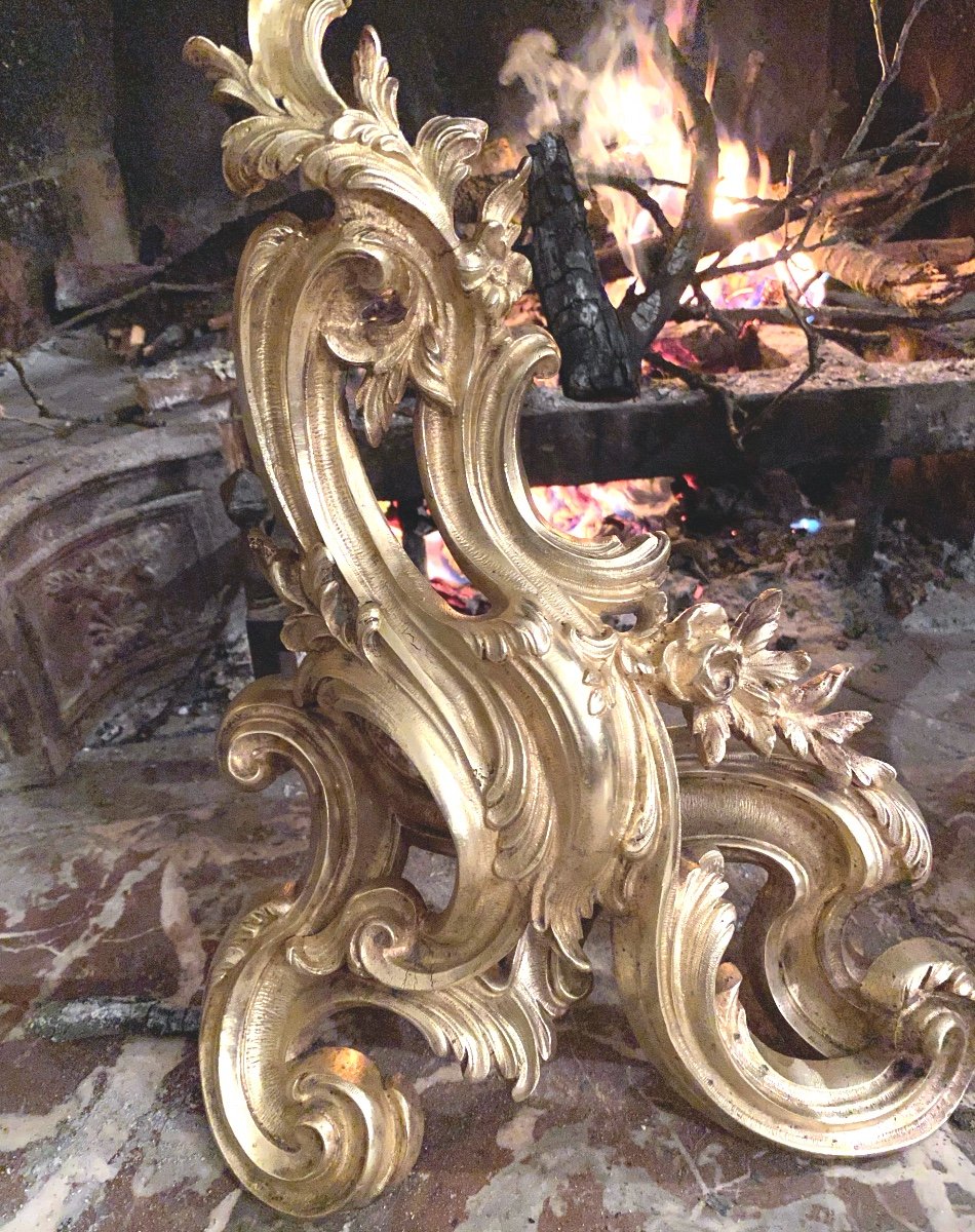 Proantic: Pair Of Andirons In Gilt Bronze Rocaille Style XIX With Supp