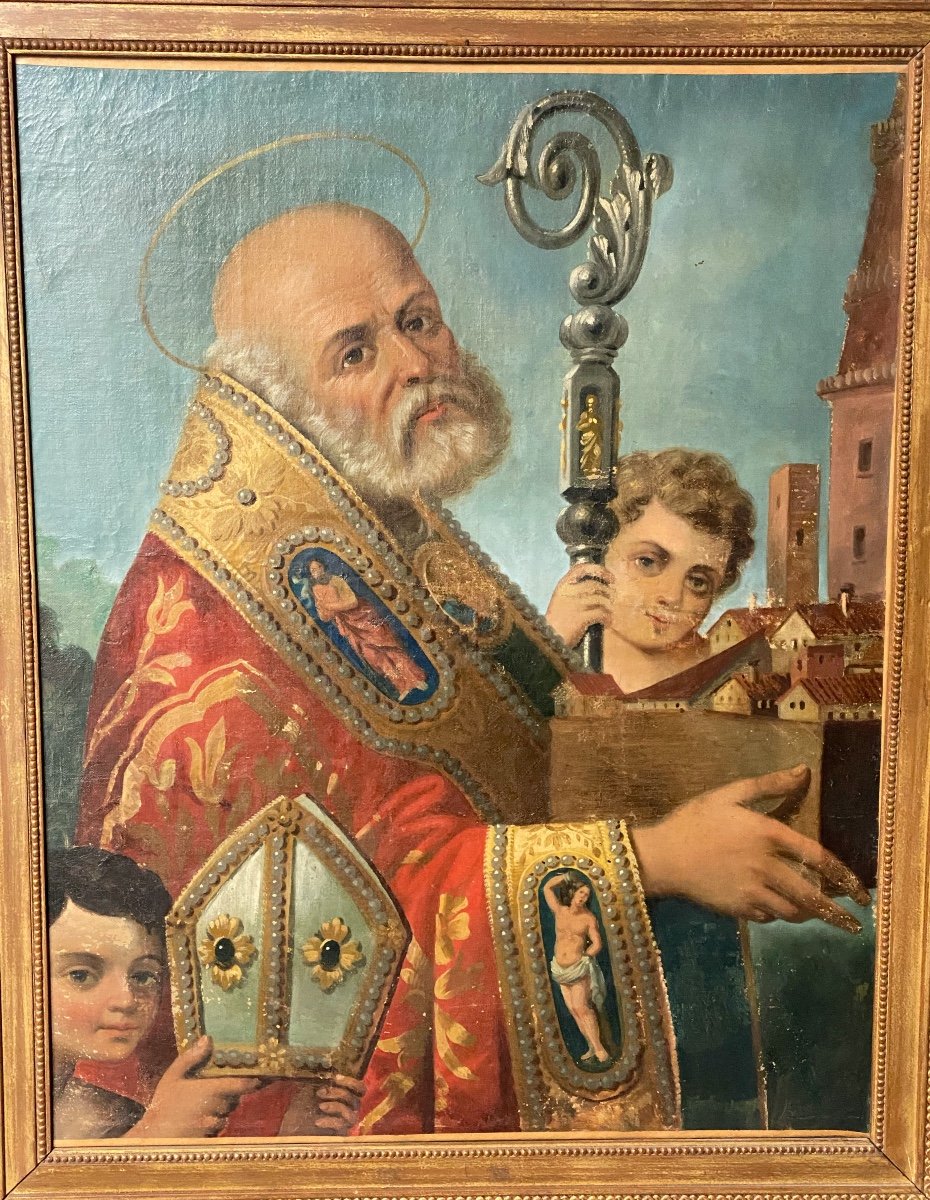 Proantic: Tableau d'Un Saint Evêque Avec Des Anges Du XVIII ème T