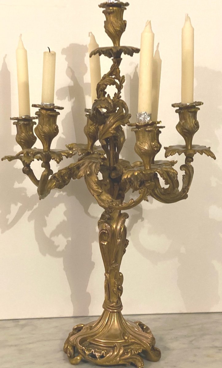 Proantic: Large Pair Of Gilt Bronze Torches A 7 Lights Rocaille Style