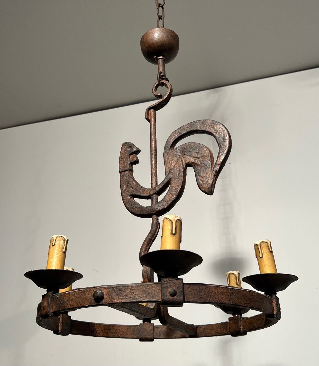 Proantic: Chandelier With A Stylized Rooster In Wrought Iron. French W