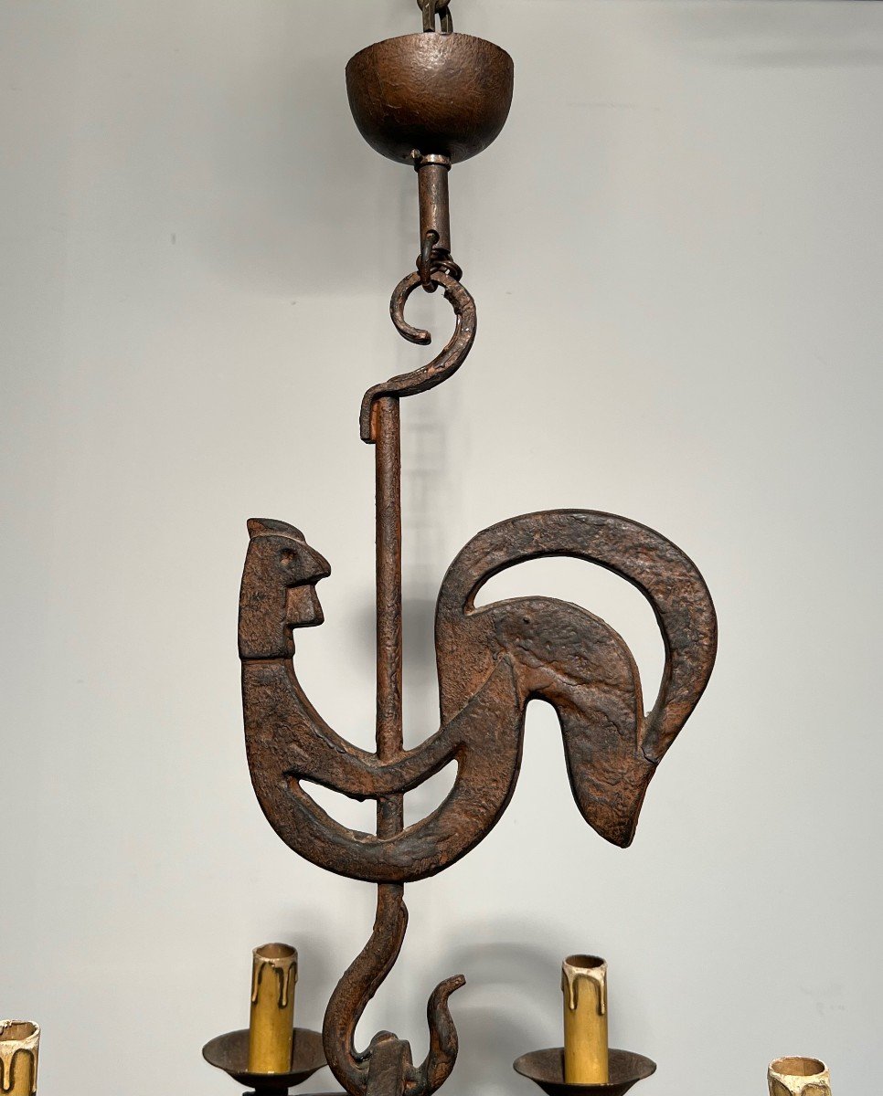 Proantic: Chandelier With A Stylized Rooster In Wrought Iron. French W