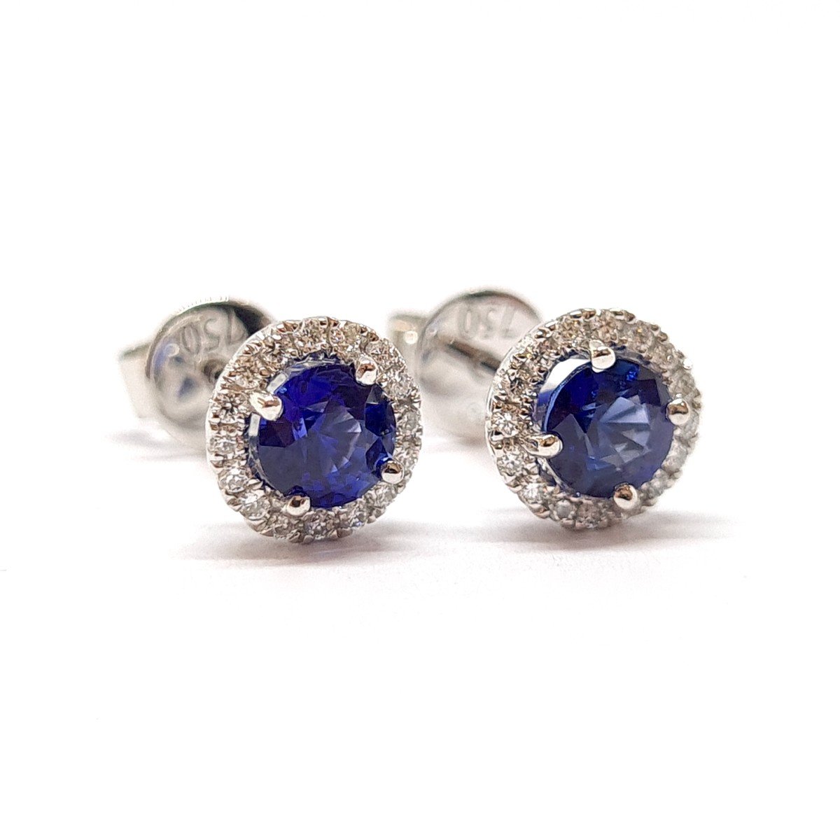 Proantic: Round Sapphires Diamonds 18 Carats White Gold Earrings