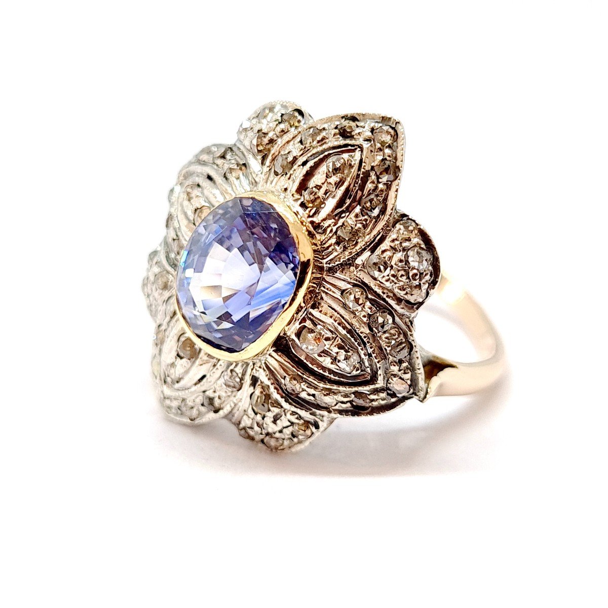 Antique 9k Yellow Gold Ring Silver Sapphire Diamonds