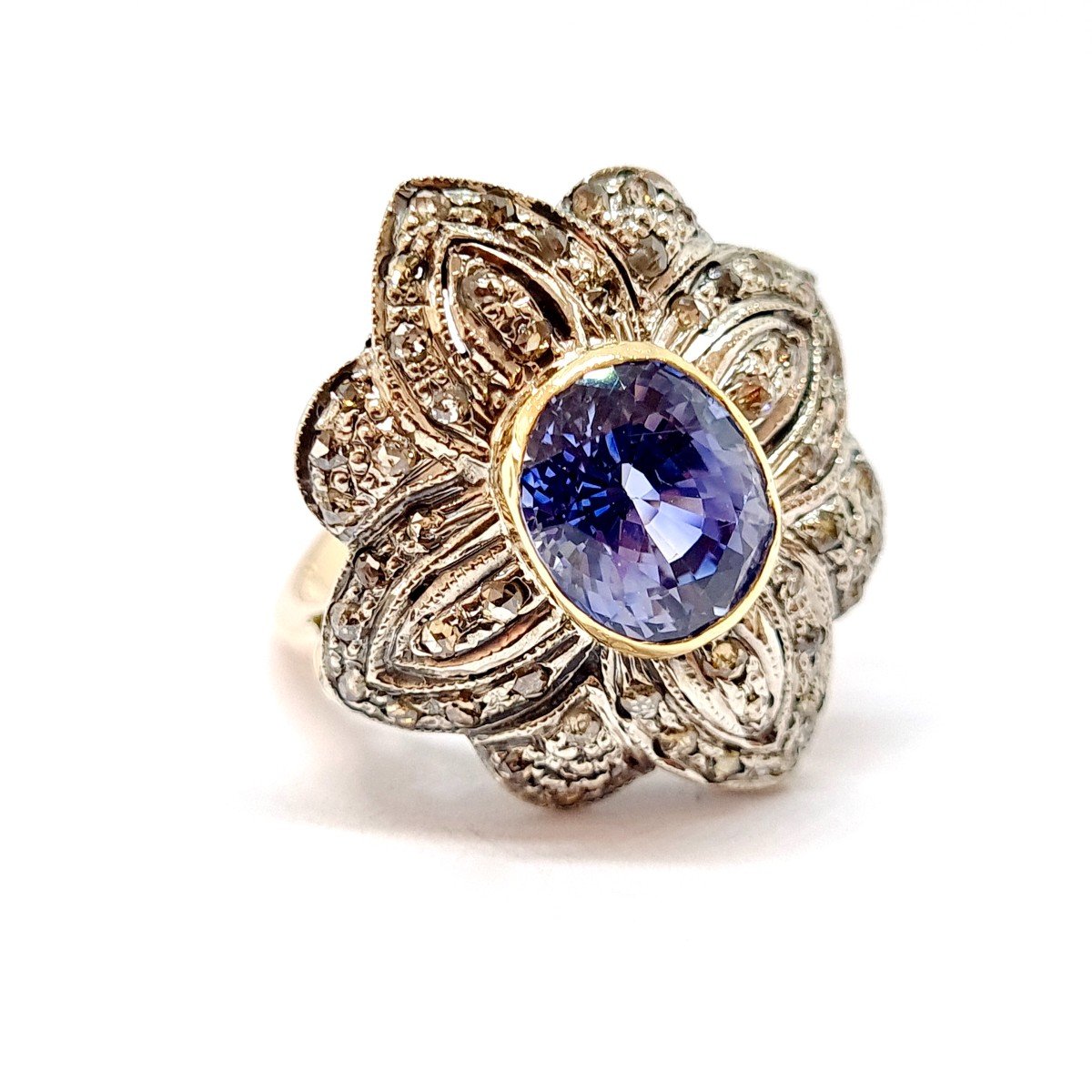 Antique 9k Yellow Gold Ring Silver Sapphire Diamonds