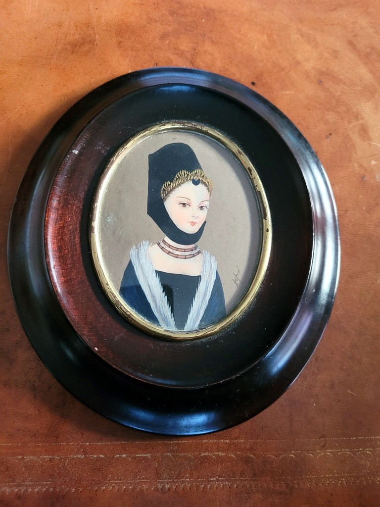 Proantic: Large Painted Miniature "lady With Hennin From The Renaissan