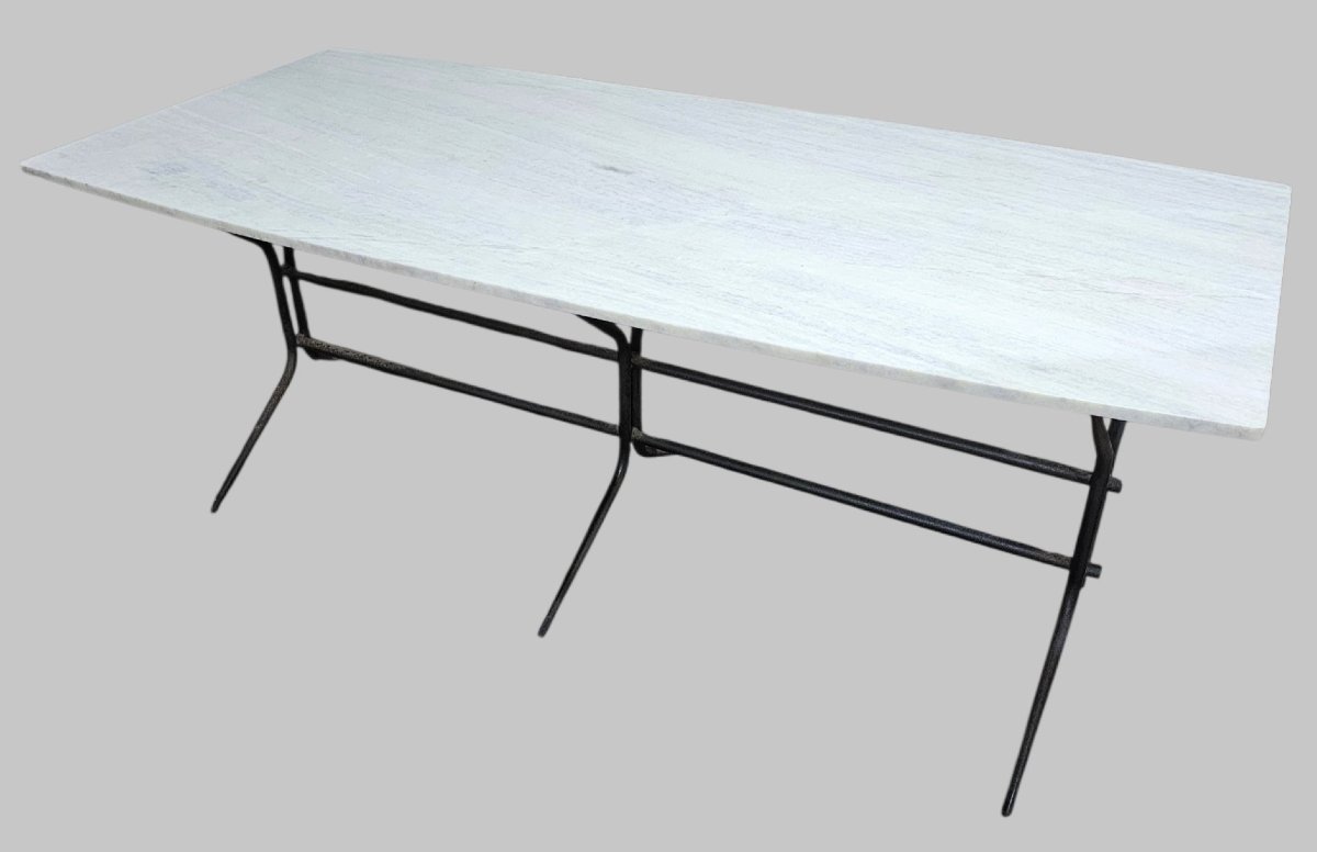 Proantic: Table With A Large Marble Top On A Metal Base, Mid-20th-cent