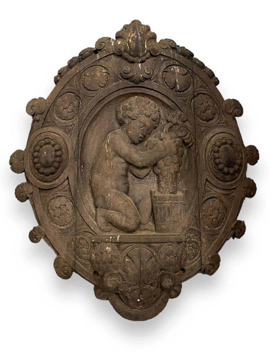 Proantic: Important Bas Relief En Bois Naturel Putto Au Raisin