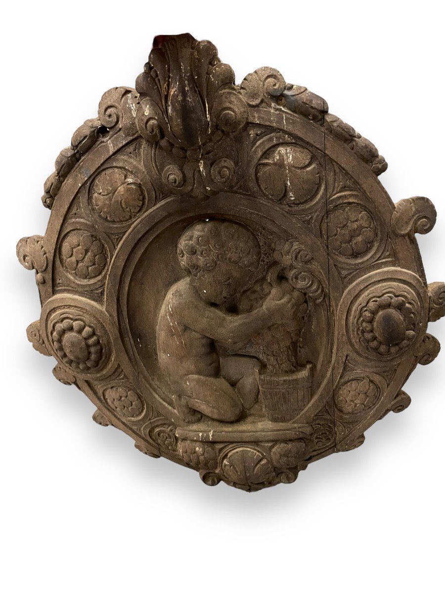 Proantic: Important Bas Relief En Bois Naturel Putto Au Raisin
