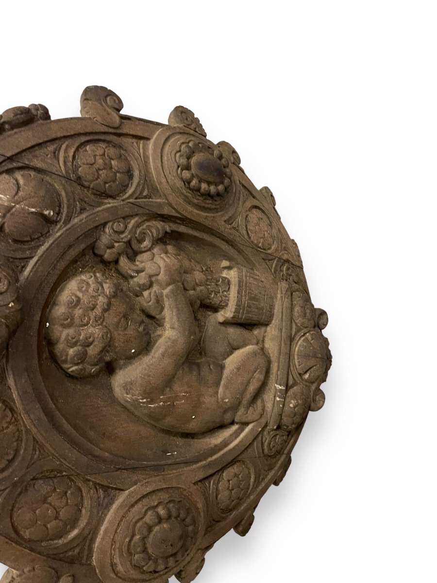 Proantic: Important Bas Relief En Bois Naturel Putto Au Raisin