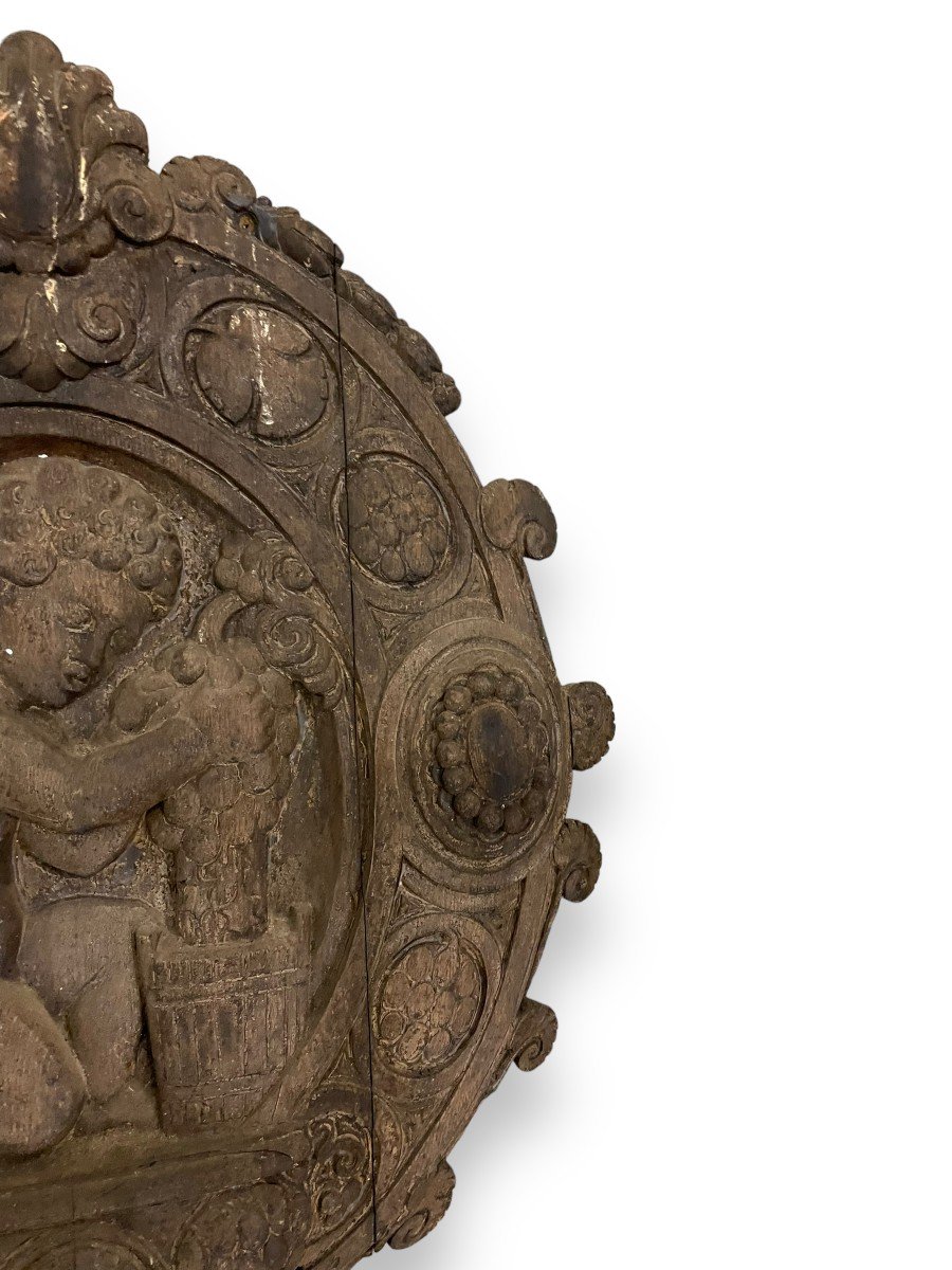 Proantic: Important Bas Relief En Bois Naturel Putto Au Raisin