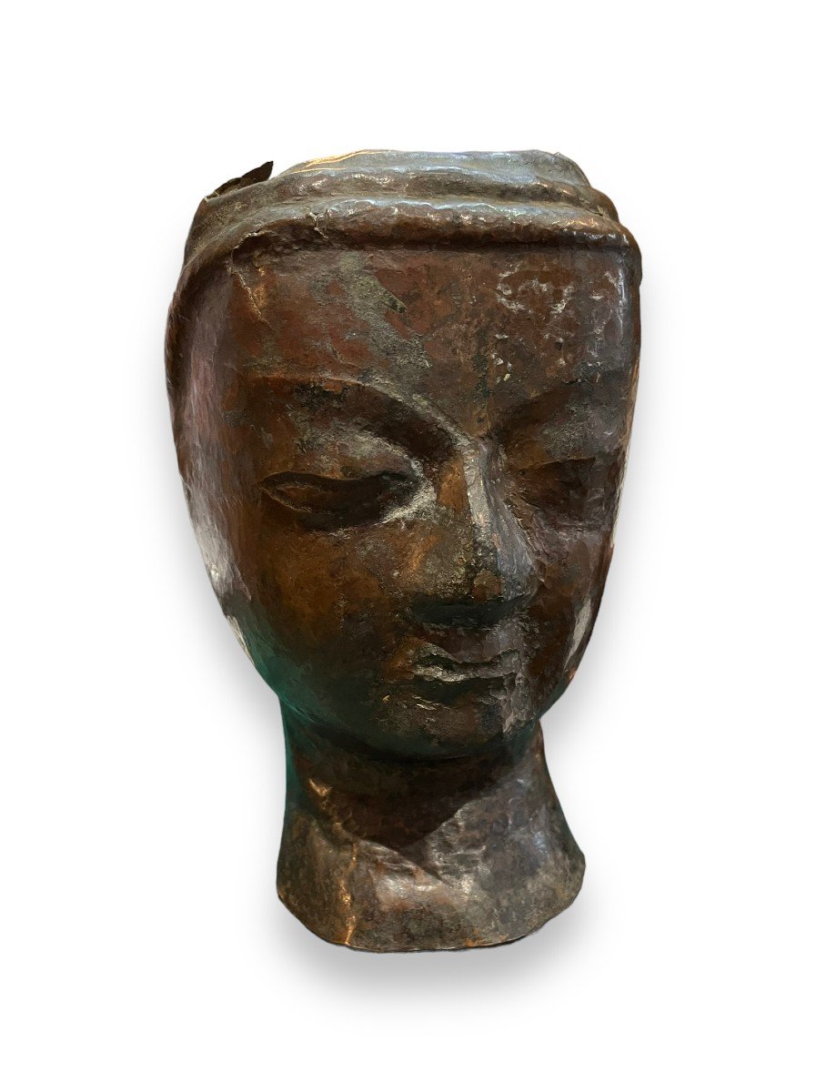 Proantic: Buddha Head XVIII Eme In Repoussé Copper Curiosity