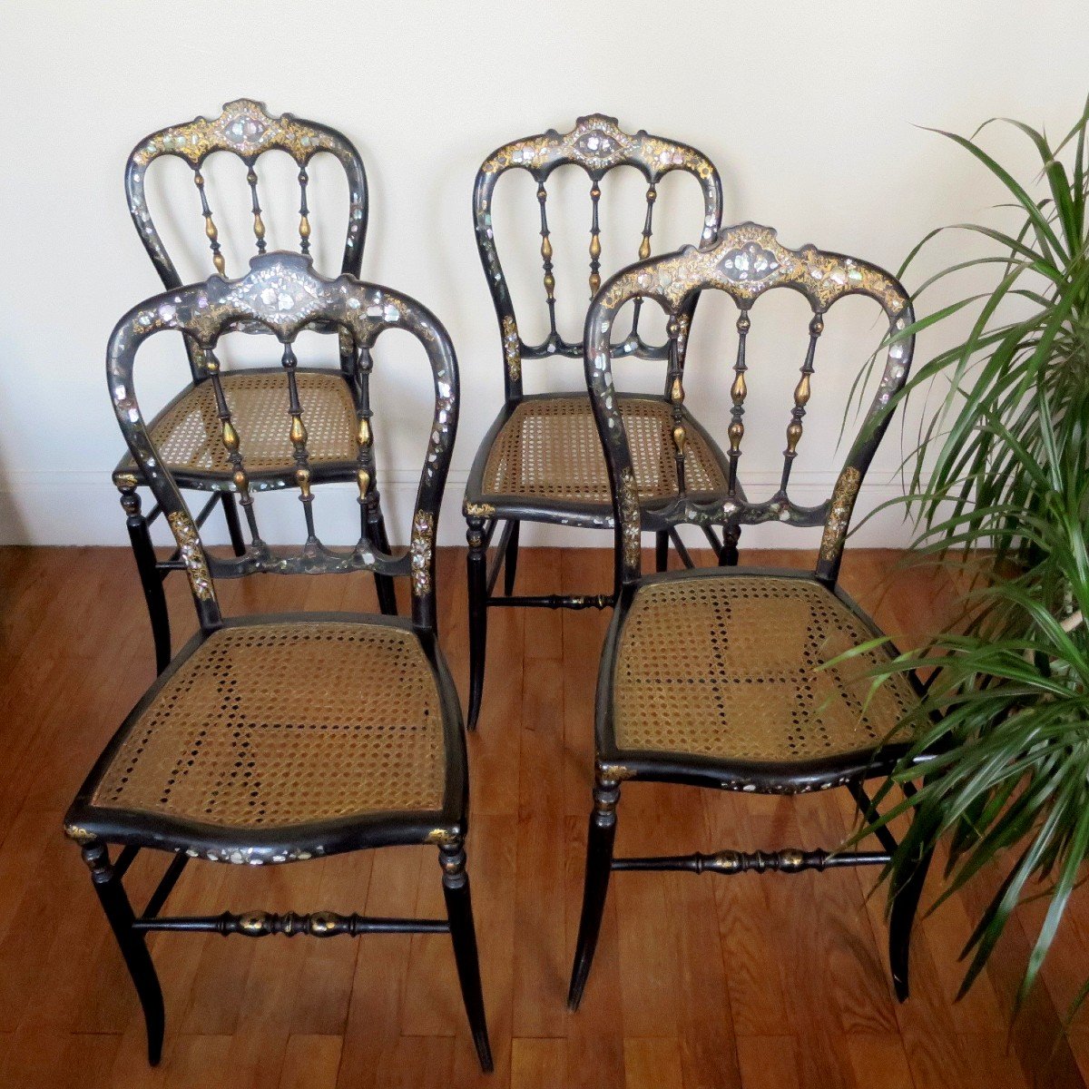 Proantic: Suite Of Four Napoleon III Chairs, In Blackened Wood And Mot