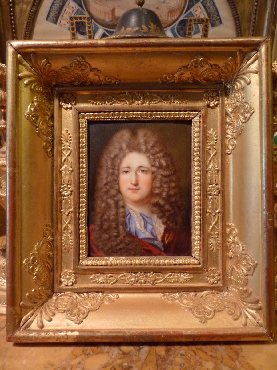 Miniature Gentleman Style Louis XIV, Restoration Period, Enamel - miniature