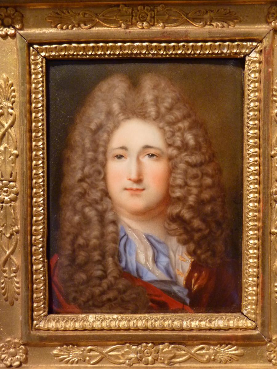 Miniature Gentleman Style Louis XIV, Restoration Period, Enamel - miniature