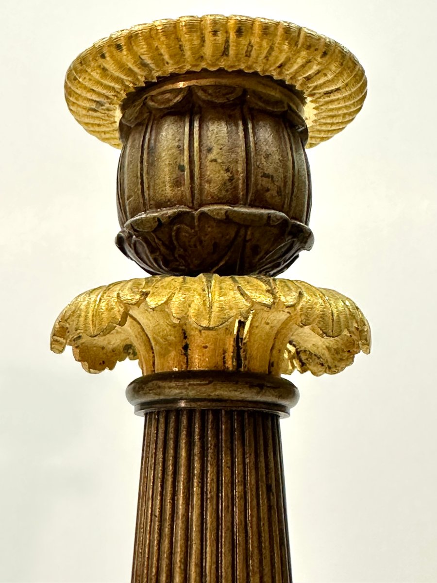 Proantic: Pair Of Large Candlesticks - Bronze With Patina And Gilded D