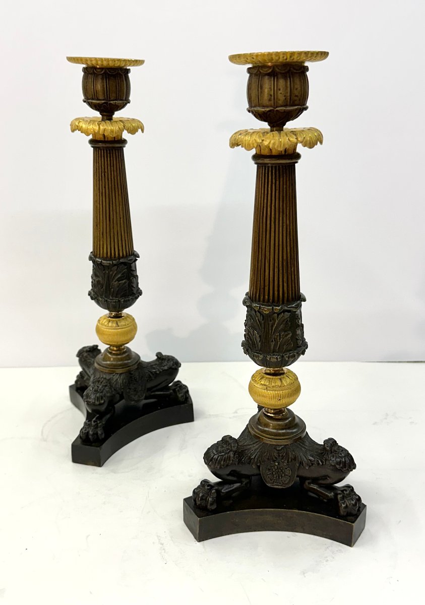Proantic: Pair Of Large Candlesticks - Bronze With Patina And Gilded D