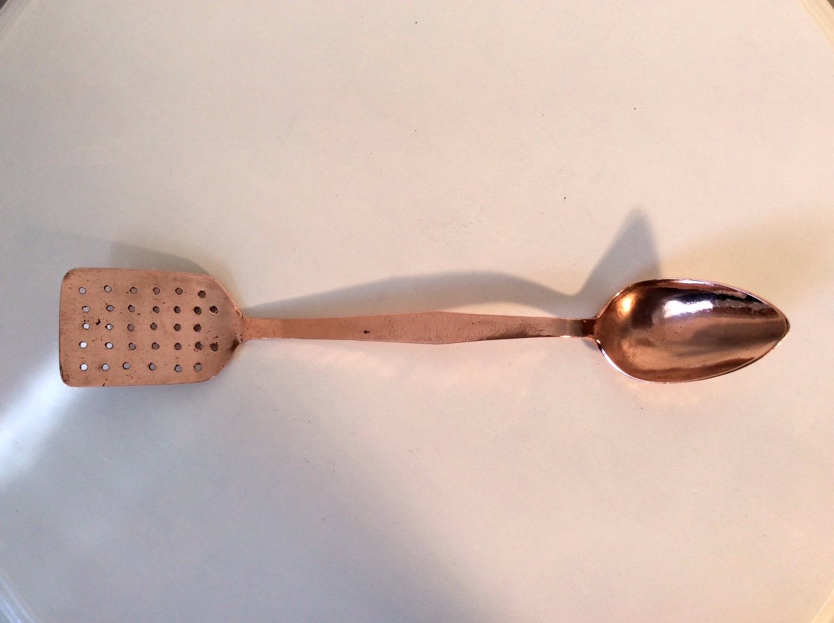 Copper 2-purpose Spoon, Pierced Spatula, XIXth.