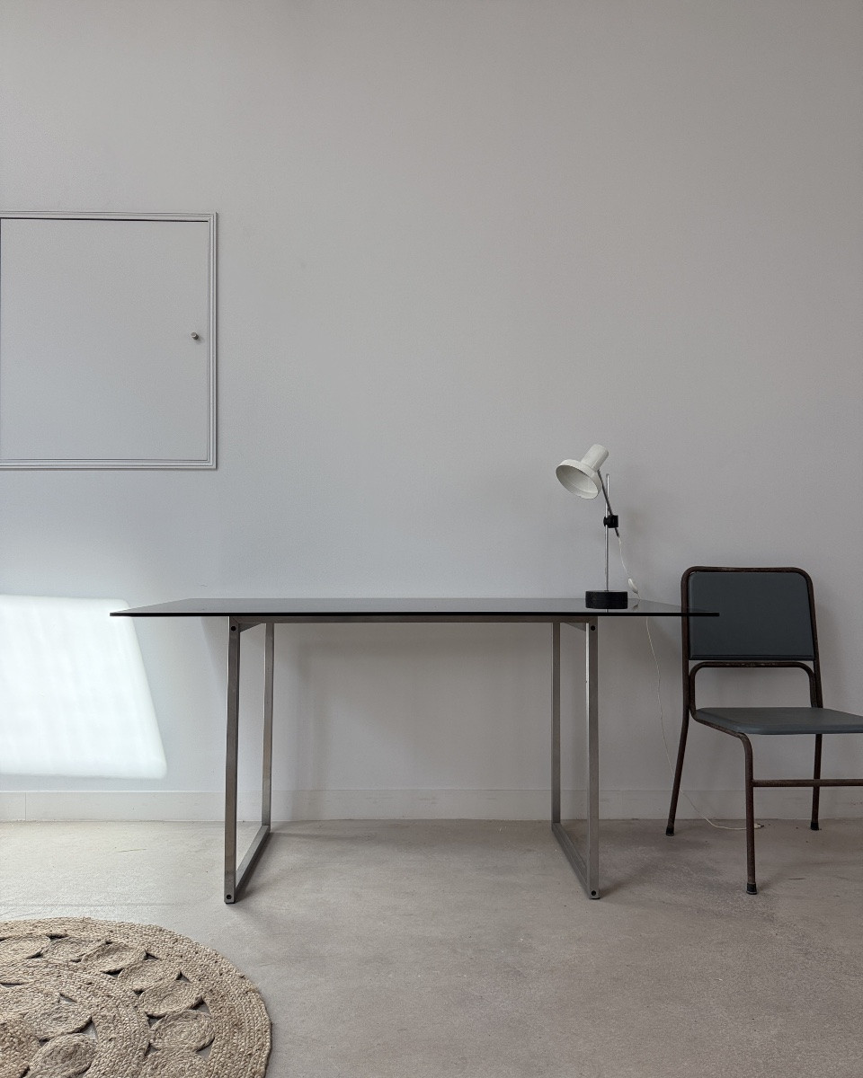 Proantic: 70s Metal And Smoked Glass Desk