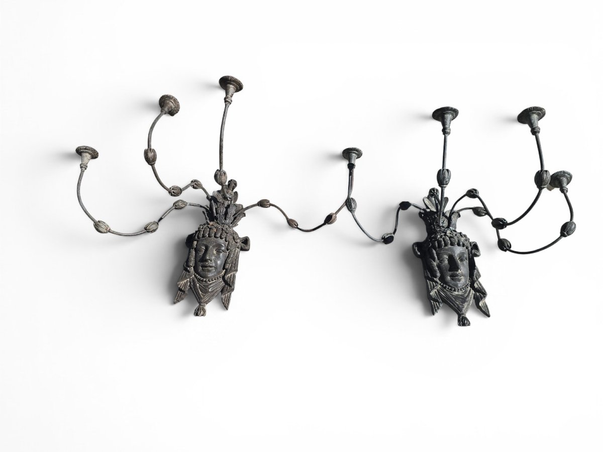 Proantic: Pair Of Wall Sconces With Mascarons, Italy, 1950s