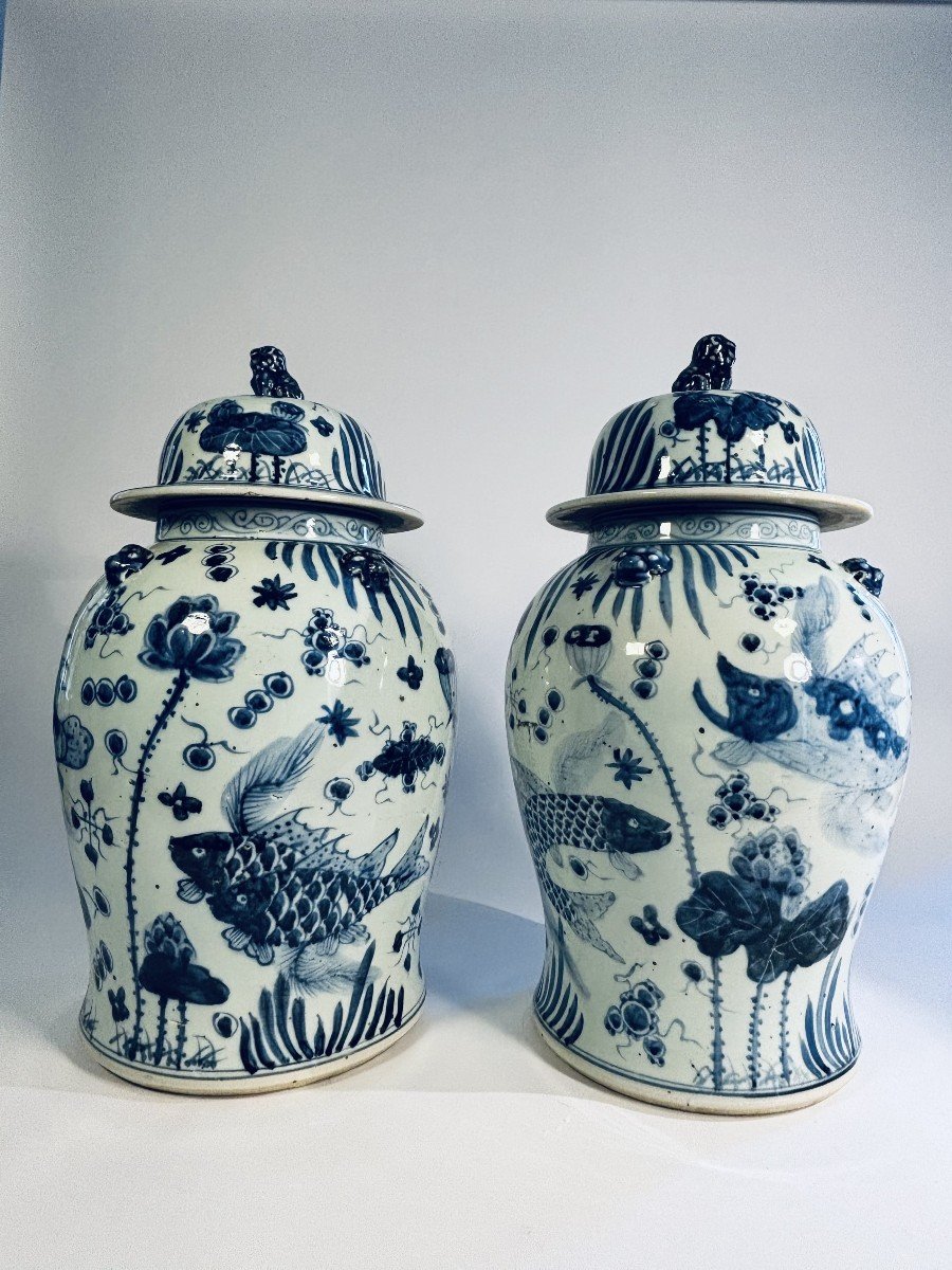 Proantic: Imposing Pair Of Chinese Blue-white Porcelain Jars, 20th Cen