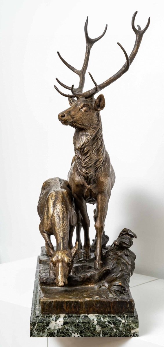 Proantic: Bronze Group , Deer And Doe At The Pond By Charles Paillet