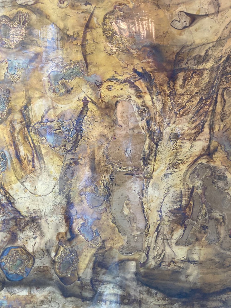 Chenaf Jean For Claude De Muzac Galerie Oxidized Brass Panel Surrealis