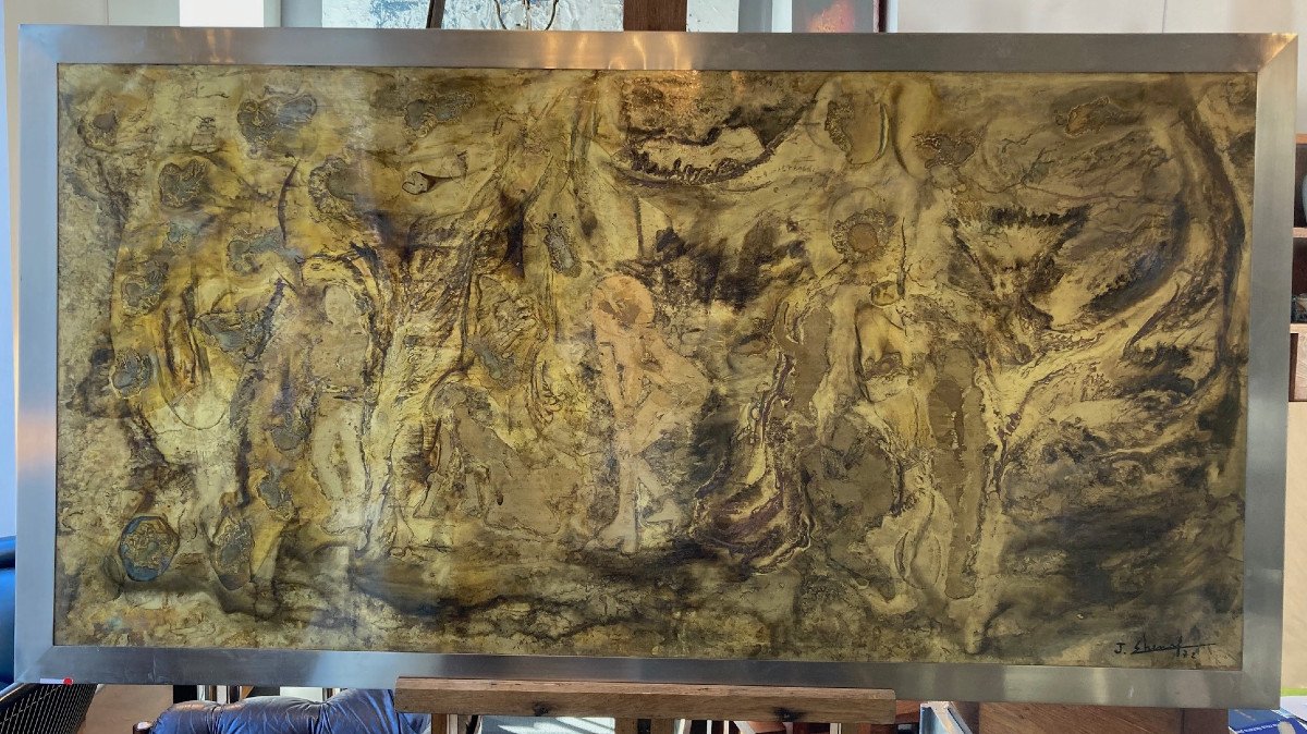 Chenaf Jean For Claude De Muzac Galerie Oxidized Brass Panel Surrealis