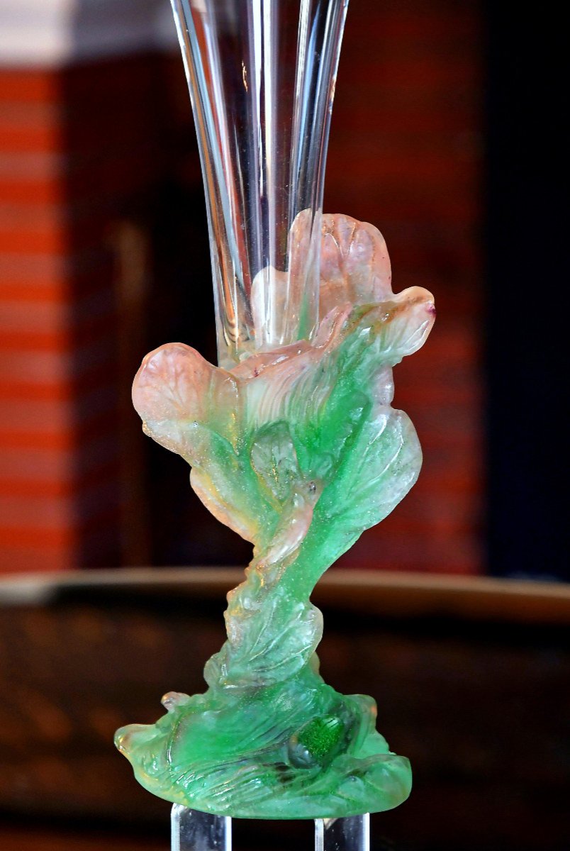 Proantic: Daum France: Large "nature" Vase, In Clear Crystal And Polyc