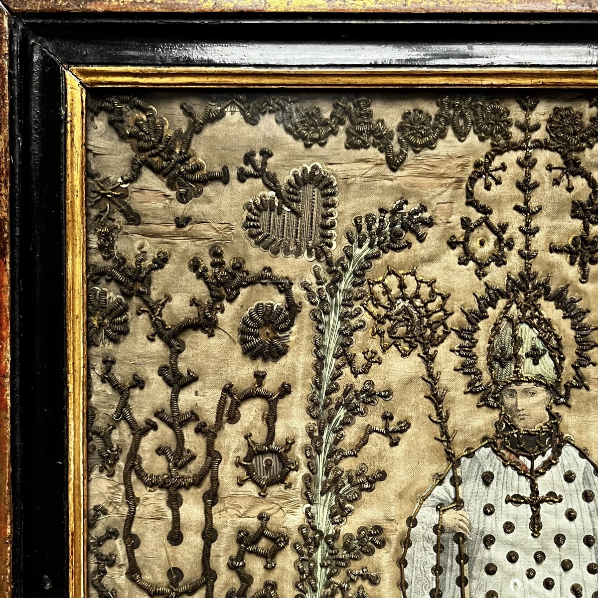 Proantic: Saint Robert, Metallic Thread Embroidery On Silk Dated 1810