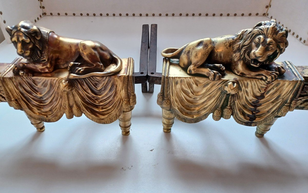 Proantic: Pair Of Lion And Lioness Andirons. Gilded Bronze. XVIII° Ce